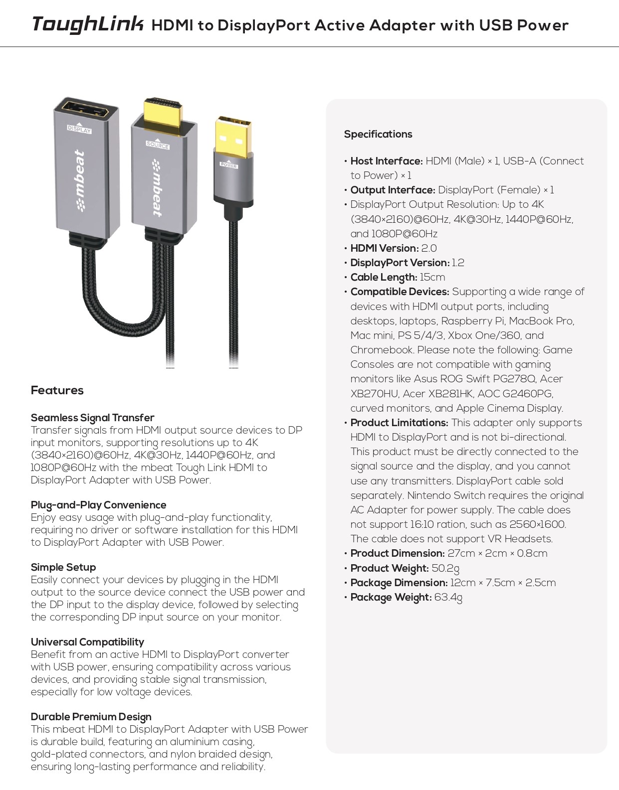 mbeat Tough Link HDMI to DisplayPort Adapter with USB Power | PLE Computers