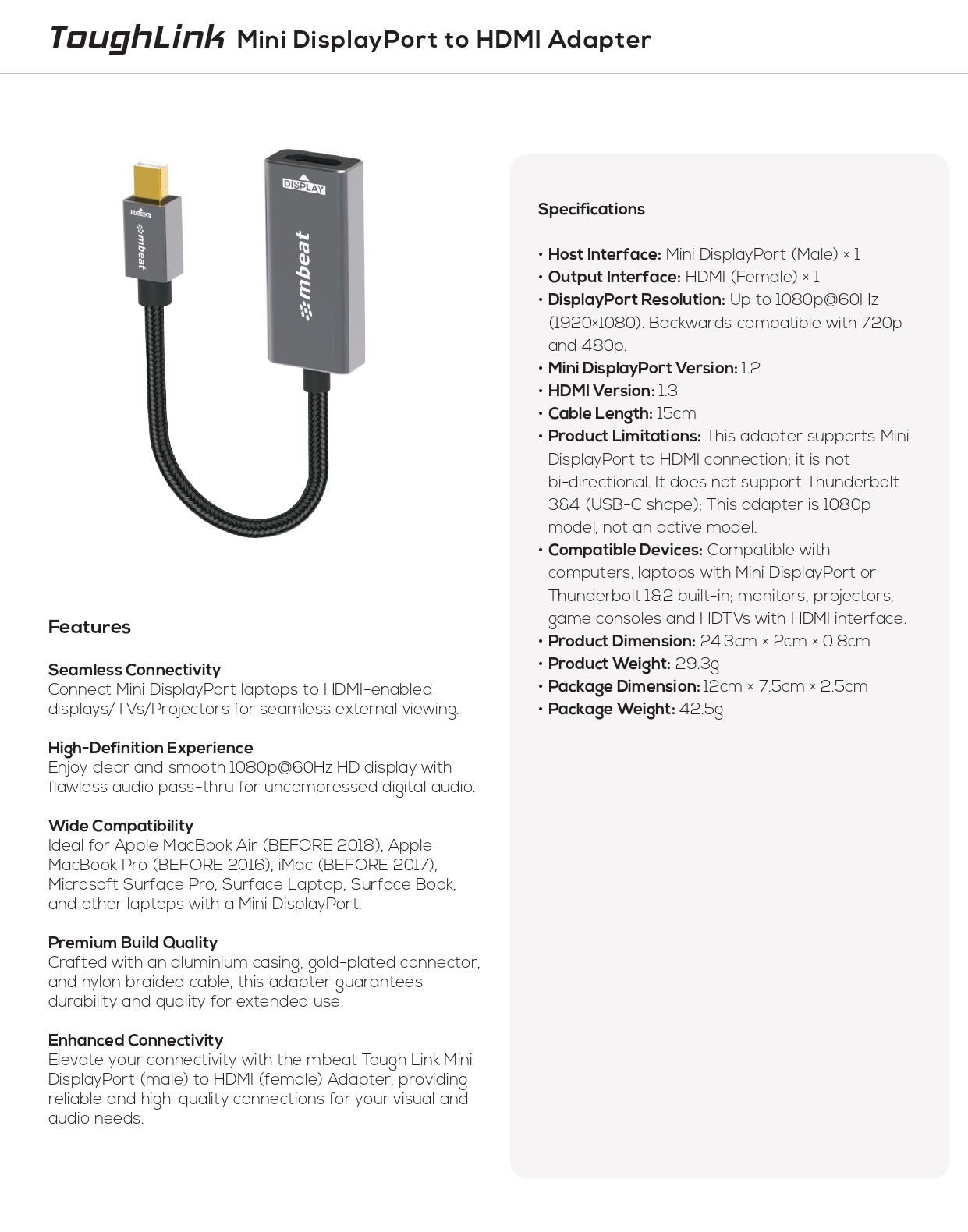 mbeat Tough Link Mini DisplayPort to HDMI Adapter | PLE Computers