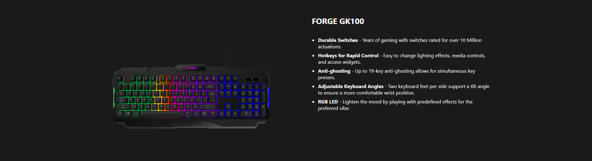 MSI Forge GK100 RGB Gaming Keyboard | PLE Computers