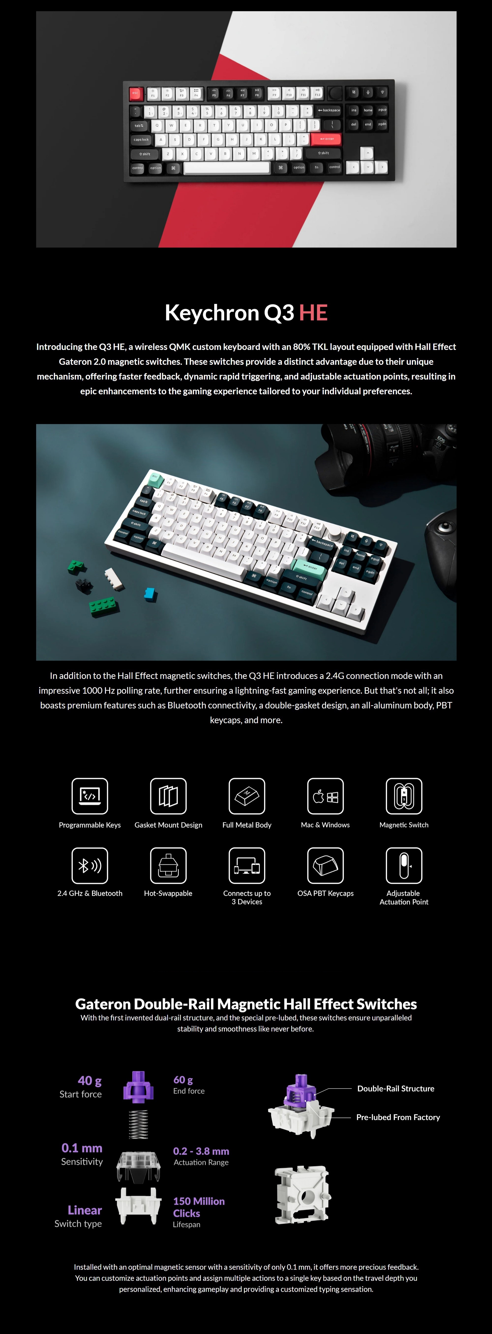 Keychron Q3 HE - TKL QMK Wireless Custom Keyboard - Black (Gateron ...