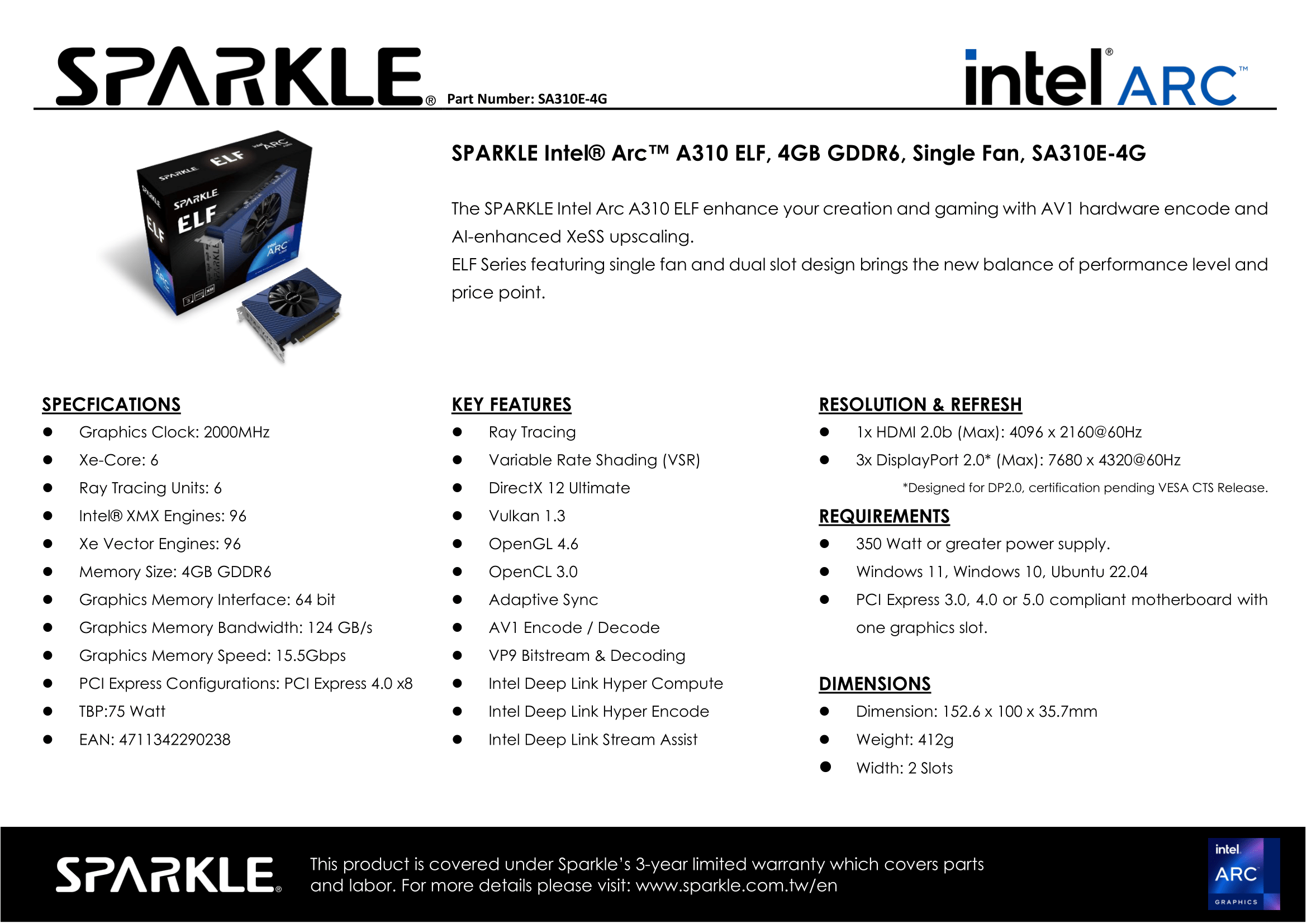 SPARKLE Intel Arc A310 ELF 4GB GDDR6 | PLE Computers