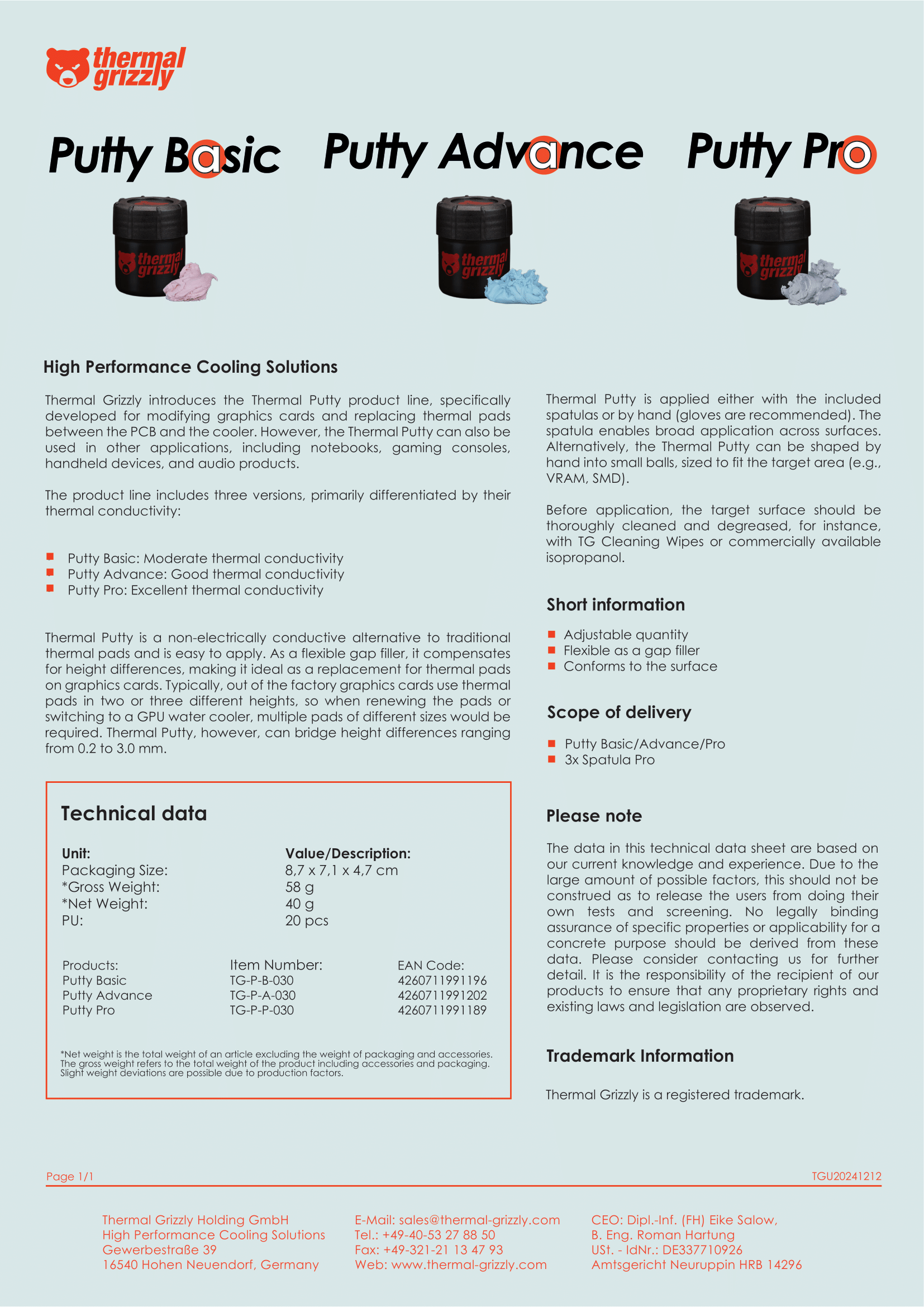 Thermal Grizzly Putty Basic - Thermal Pad Replacement (30g) | PLE Computers